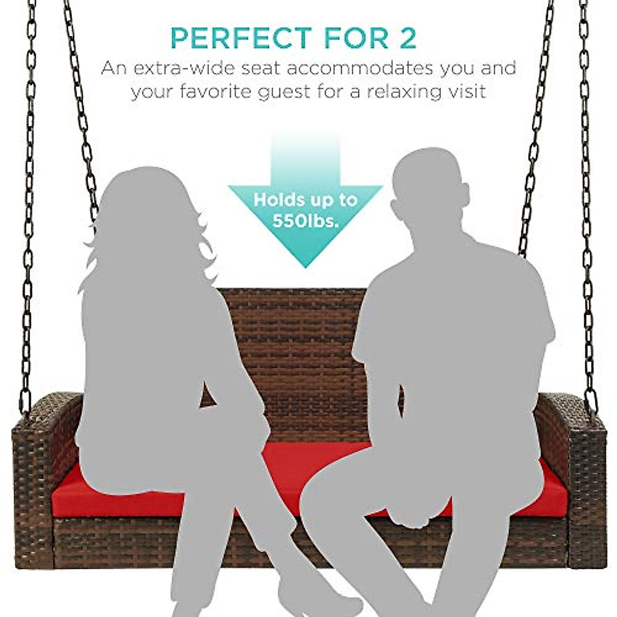 Best Choice Products Woven Wicker Outdoor Porch Swing, Hanging Patio Bench for Deck, Garden w/Mounting Chains, Seat Cushion - Brown/Red