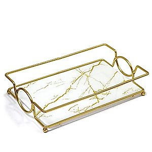 MYITYARD Vanity Tray, Bathroom Countertop Decorative Perfume Tray, Metal and Glass Tray for Jewelry, Makeup, Votive Candle Storage Organizer, 10.6" x 6.3", Gold