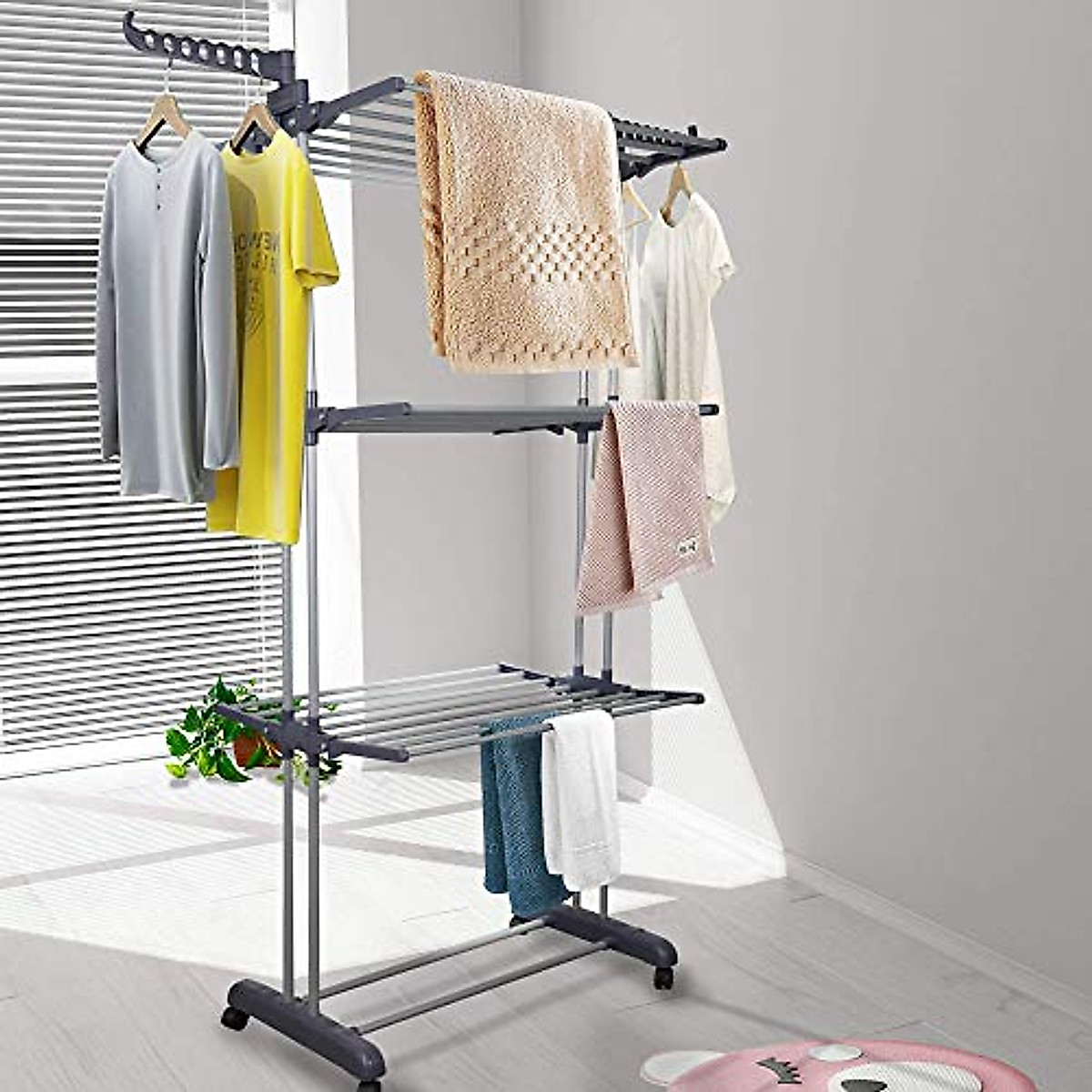 YOUUD Clothes Drying Rack 3-Tiers with Retractable Trays, Collapsible Shelves, Rolling and Base with Casters, Stainless Laundry Dryer Indoor/Outdoor Standing Rack