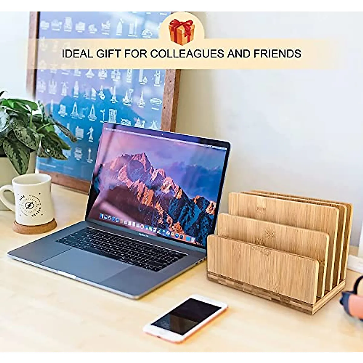 100% Bamboo Desk File Mail Organizer Countertop, 4 Slots Wood Desktop File Folder Sorter Holder Organizer for Document Letter Envelope Mail Paper Folder Bill Filing, Paper Letter Desk Tray Organizer