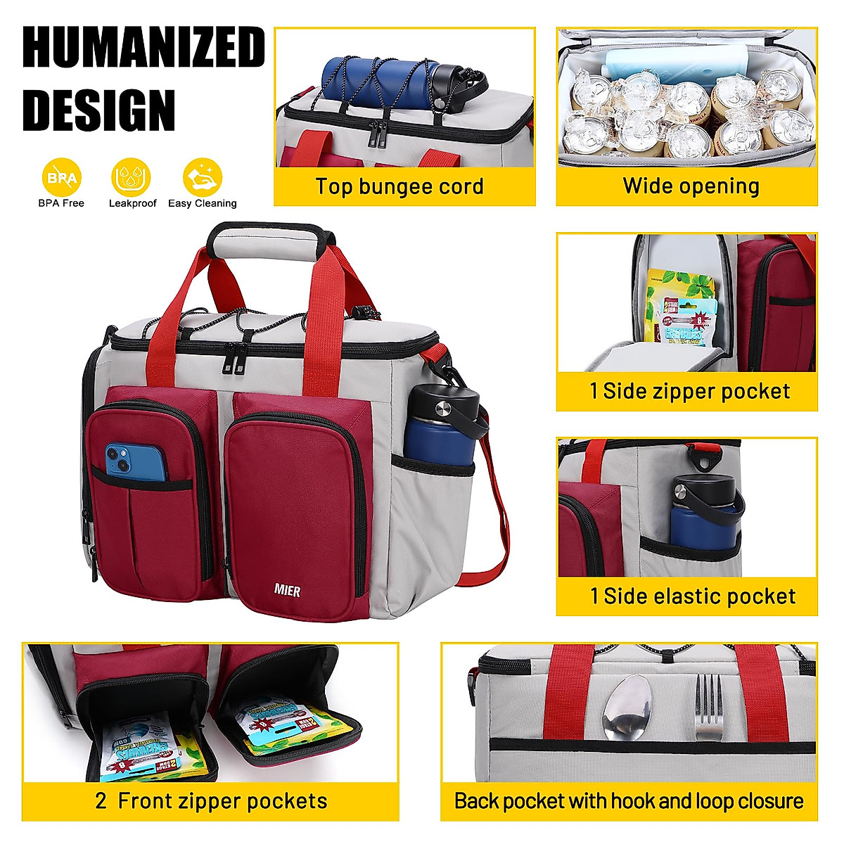 MIER Lunch Box for Men Heavy Duty 20 Cans Large Insulated Lunch Bag Leakproof Soft Cooler Bags with Multiple Pockets for Adult Women Work (Grey/Red, Large)