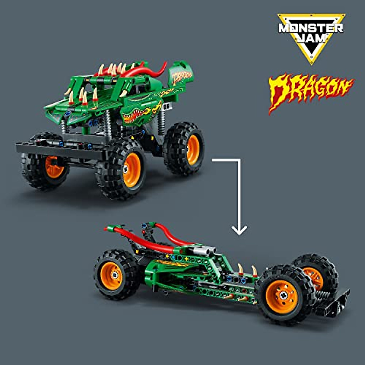 LEGO Technic Monster Jam Dragon Monster Truck Toy for Boys and Girls, 2in1 Racing Pull Back Car Toys for Off Road Stunts, Kids Birthday Gift Idea, Great Activity for Kids, 42149