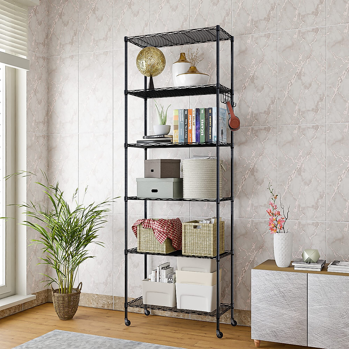 Homdox 6-Tier Wire Storage Rack with Wheels, Skinny Shelf for Small Spaces, Metal Shelves for Storage with Side Hooks, for Pantry Organization, Bathroom, Kitchen, Black
