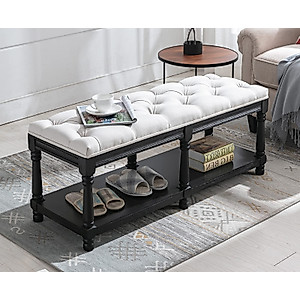 Guyou Farmhouse Storage Bench End of Bed Bench for Bedroom with Shelf 6 Foot, Fabric Upholstered Bench French Country Tufted Bench for Living Room Mudroom Black Washed Wood (Cream, 45”Lx19”Hx15.8”W)