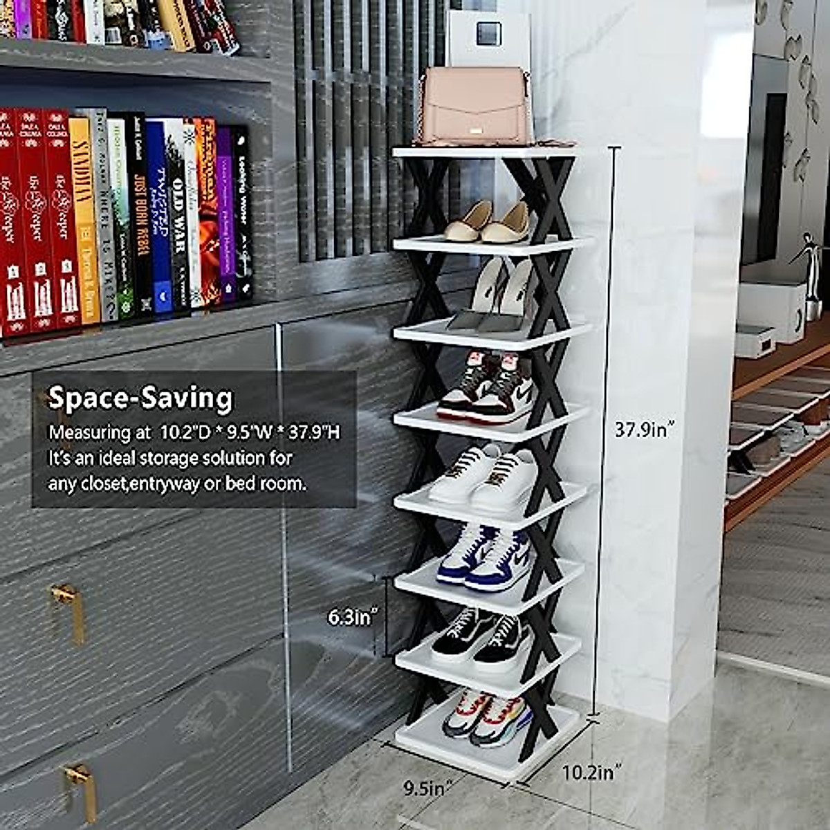 7 Tiers Small Shoe Rack,Narrow Vertical Free Standing Shoe Tower,Space Saving Furniture Shoe Storage Organizer for Corner,Entryway,Door,Hallway,Closet,Bedroom,Stable in Structure and Stackable,Black