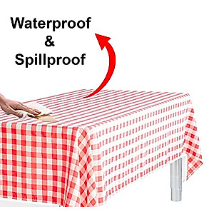 Sonluma 6 Pack 108" X 54" Red Checkered Premium Disposable Plastic Tablecloth for 8ft Long Rectangle Tables, Waterproof Covers for Indoor or Outdoor Events & Parties