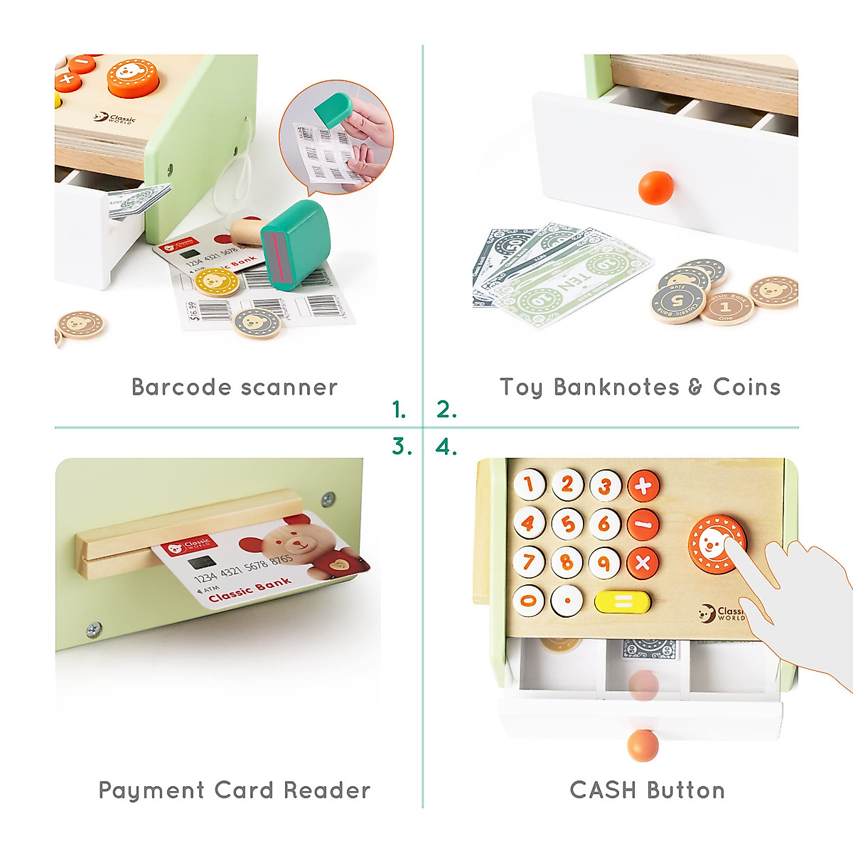 Classic World Cash Register Wooden Pretend Play Counting Toy for Kids Baby Gift