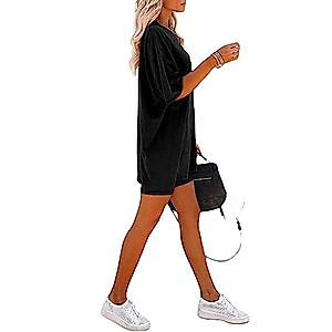 Remidoo Women's Oversized T Shirt Solid Short Sleeve Distressed Solid Tees T-Black Large