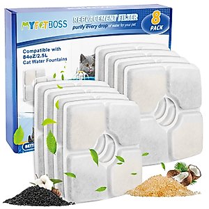 MyfatBOSS Cat Water Fountain Filter, 8 Pack Cat Fountain Filter Replacement Fit for 84oz/2.5L Automatic Cat Pet Fountain, 3 Filtration System Cat Pet Water Fountain Dog Water Dispenser