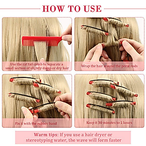 60 Pieces Short Hair Perm Rods Plastic Cold Wave Perming Rods Hair Curling Rollers Curlers with Steel Pintail Comb Rat Tail Comb for Hairdressing Styling Supplies(0.2 Inch,Red)