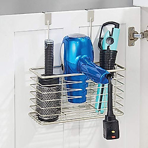 mDesign Steel Over Cabinet/Door Hair Dryer Holder Storage, Hair Styling Tool Organizer Basket for Bathroom - Hair Blow Dryer, Flat Iron, Curling Wand, Hair Straightener, Linelle Collection - Satin