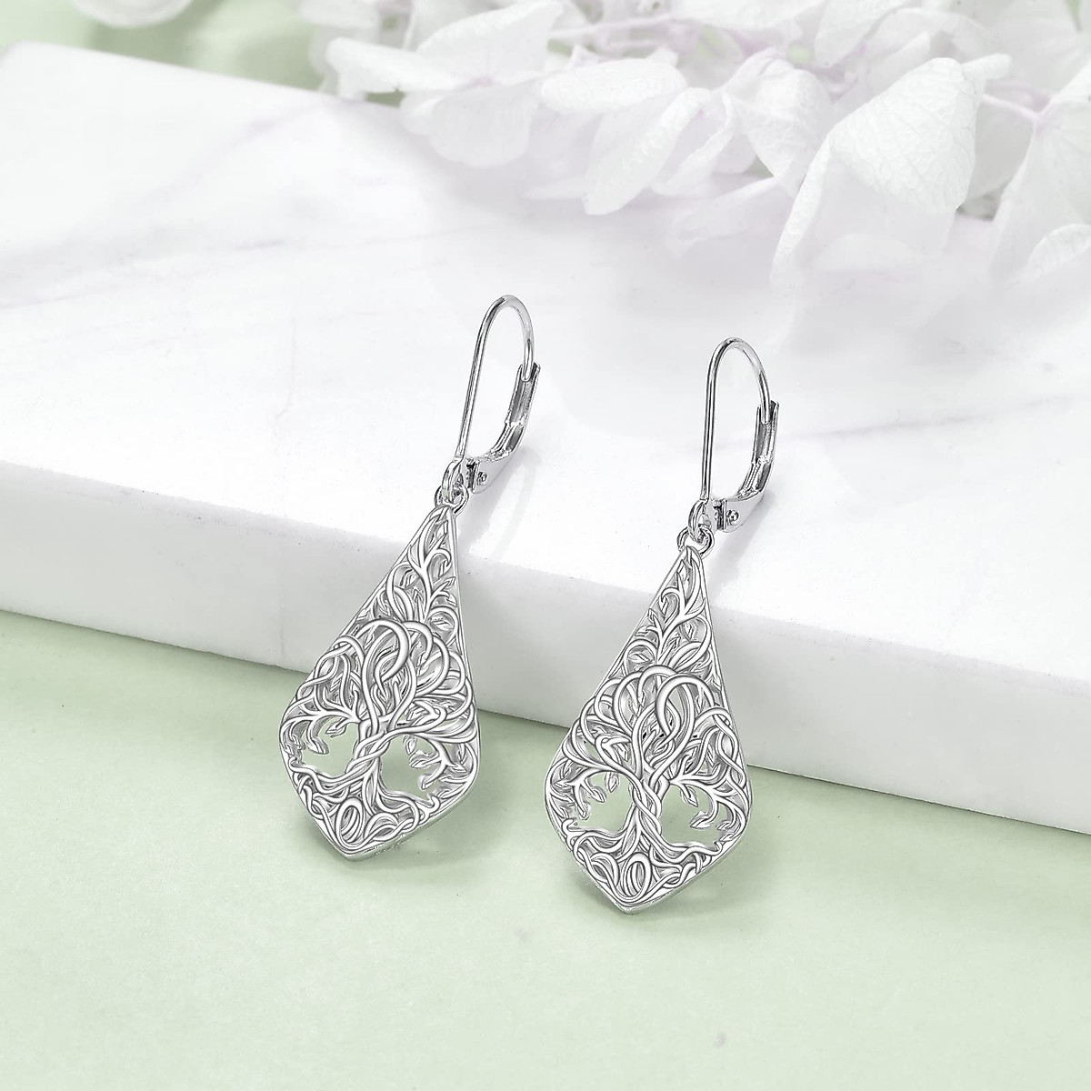 Leverback Earrings for Women Tree of Life Drop Earrings 925 Sterling Silver Dangle Dangling Family Tree Jewelry for Women Wife Mom