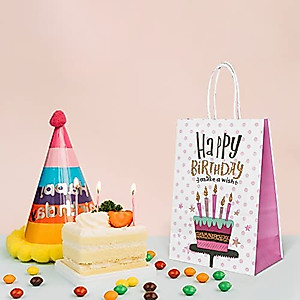 Pasisor 24 Pack Happy Birthday Medium Ready-To-Go Gift Bag, Cute Party Favor Paper Bags with Handles Bulk (Pink,Balloon&Cake)