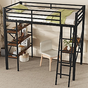 Metal Loft Bed Twin Size, Twin Loft Bed with Desk and Storage Shelves, Twin Size Loft Bed with Guardrail and Ladder, Heavy Duty Loft Bed for Kids, Teens (Twin Black)