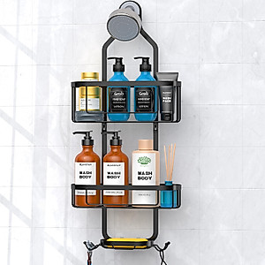 Kadolina Bathroom Hanging Shower Organizer, Over Head Shower Caddy Shower Storage Rack Basket with Hooks for Razor and Sponge Rustproof, Black [Patented]