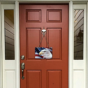 Welcome Wall Hanging Sign- Bald Eagle Head in American Flag Patriotic Army Stripe Star Blue Red White Slate Hanging Plaques for Front Door Porch Window Farmhouse Garden 5.1" x 7.9" Wall Home Decor