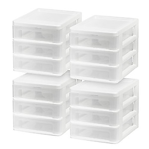 IRIS USA Small 3-Drawer Desktop Organizer, 4 Pack, Stackable, for Office, School, Stationary, Makeup Organizer, Bathroom, Utility, Medical Supplies, Desk Organizer, Versatile Storage, White