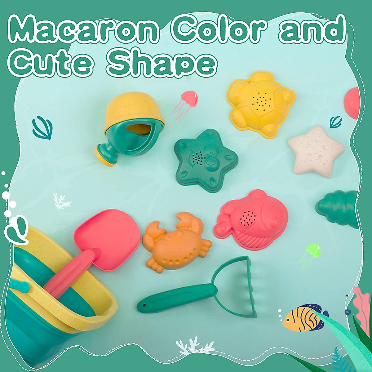 Beach Toys for Kids - Sand Toys Set Includes Collapsible Sand Bucket Shovel and Sand Rake Toys for Beach 12 PCS, Sandbox Toys Sandcastle Building Kit with Waterproof Net (A)