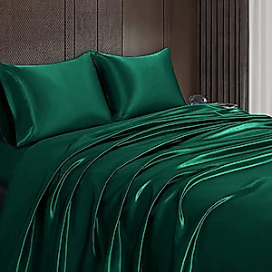 Homiest 4pcs Satin Sheets Set Luxury Silky Satin Bedding Set with Deep Pocket, 1 Fitted Sheet + 1 Flat Sheet + 2 Pillowcases (Queen Size, Blackish Green)