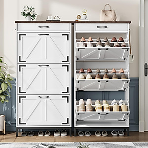 Shoe Cabinet Storage for Entryway Hidden Shoes Storage Cabinet with 3 Flip Drawers, Farmhouse Narrow Shoe Rack Cabinet Slim Free Standing Shoe Organizer Cabinet for Door Entry, Foyer, Hallway, White