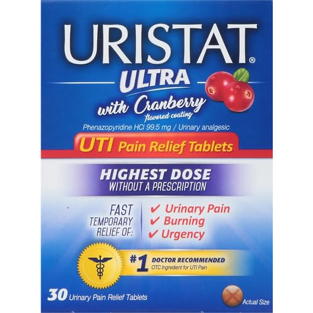 Uristat Ultra UTI Pain Relief Tablets, Fast Urinary Tract Infection Relief of Urinary Pain, Burning, Urgency, Maximum Strength, Cranberry Flavored Coating, 30 Tablets