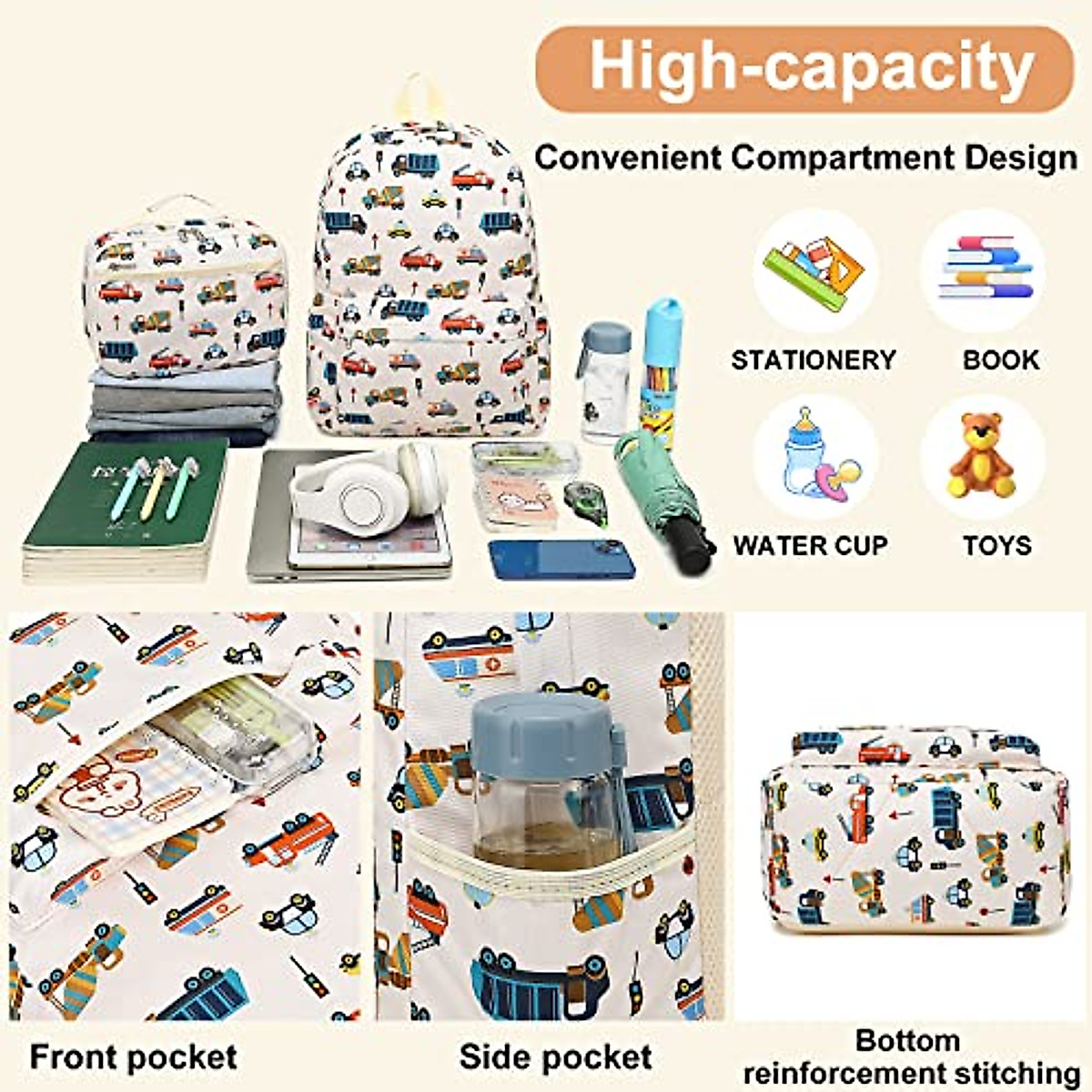 LOIDOU Kids Backpack Boys Preschool Kindergarten Elementary School Backpacks Construction School Bags BookBag Set with Lunch Box