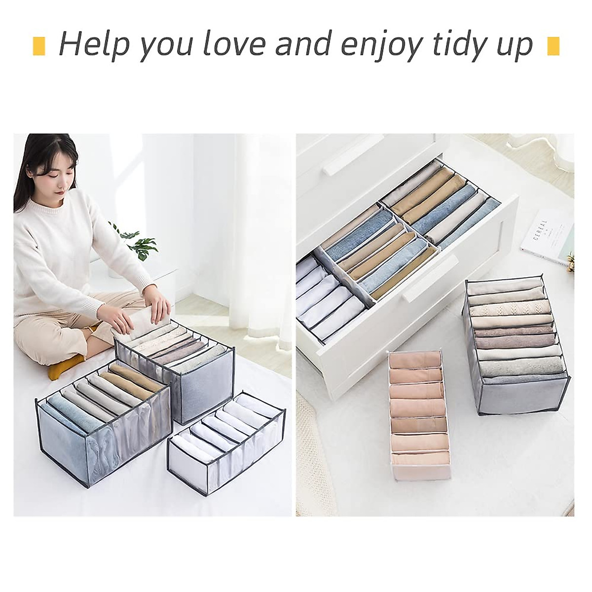 UDYR Wardrobe Clothes Organizer for Folded Clothes Jeans Underwears Socks Drawer Storage Organizer Box, 6Pcs Foldable Visible Washable Closet Storage Organizer (Grey)