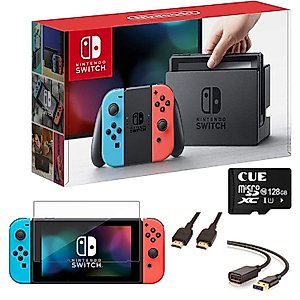 Newest Nintendo Switch with Neon Blue and Neon Red Joy-Con - 6.2" Touchscreen Display, 32GB Internal Storage - Family Christmas Holiday Gaming Bundle w/CUE Accessories