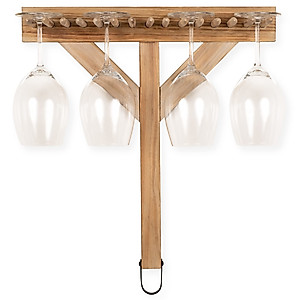 Rustic State Mucur Rake Design Wall Mounted Stemware Rack Hanging Shelf Glassware Holder Bar Organizer with 6 Wine Glass Storage 17.5 Inch Long Light Walnut