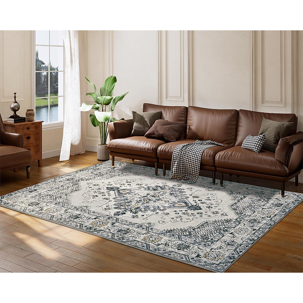 Wasbable Area Rug 5x7 Bedroom - Living Room Stain Resistant Thin Rugs with Rubber Backing - Large Grey Indoor Floor Carpet for Dining Room Office，Grey/Cream