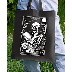 AUSVKAI Canvas Tote Bag Aesthetic for Women, Cute Book&skull Reusable Cloth Cotton Bags for College Shopping Beach Grocery Trendy Gifts