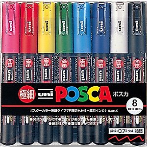 uni-Posca Paint Marker Pen - Extra Fine Point - Set of 8 (Pc-1M8C), Model:PC-1M 8C