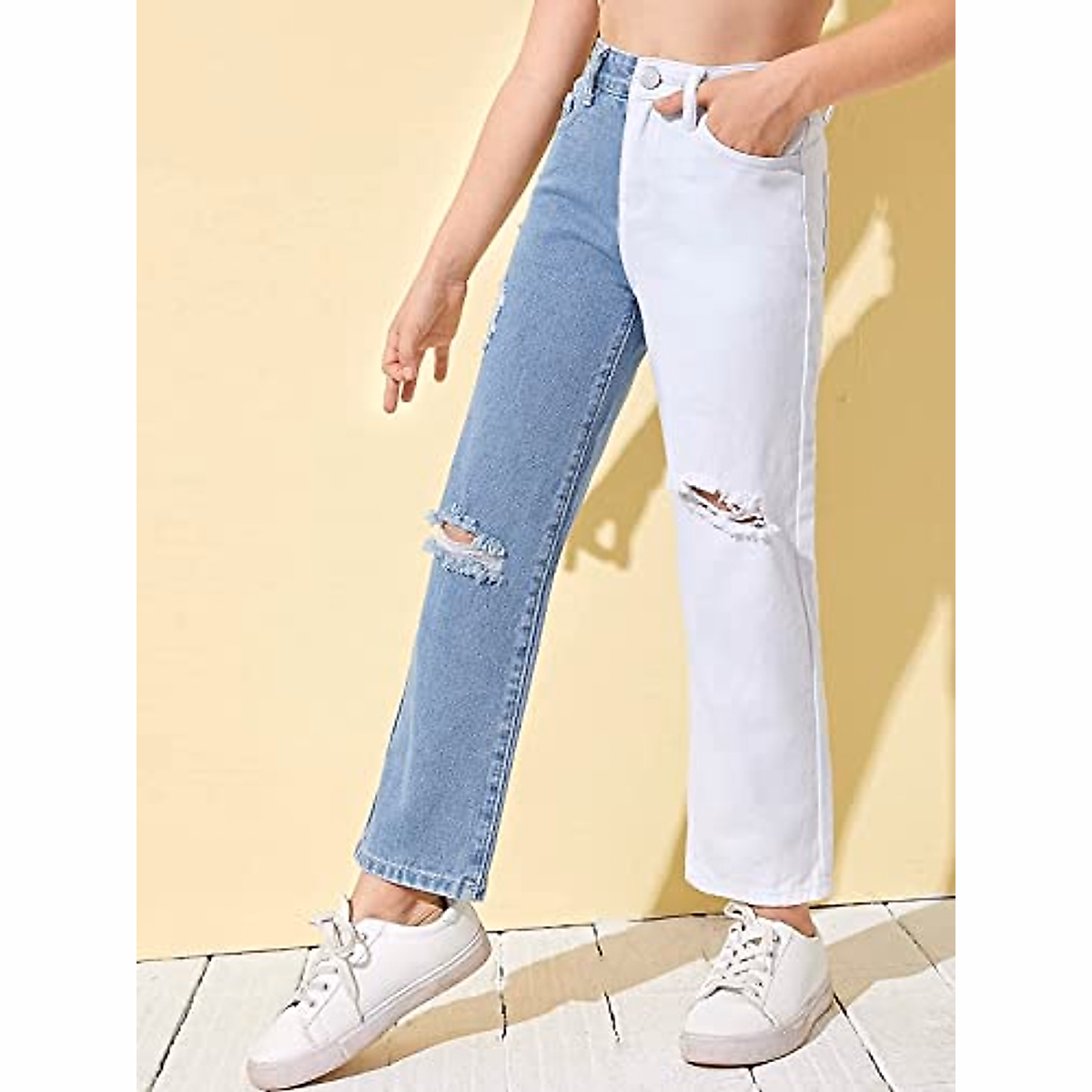 Floerns Girls Colorblock High Waist Ripped Jeans Destroyed Denim Pants White Blue Multi 160