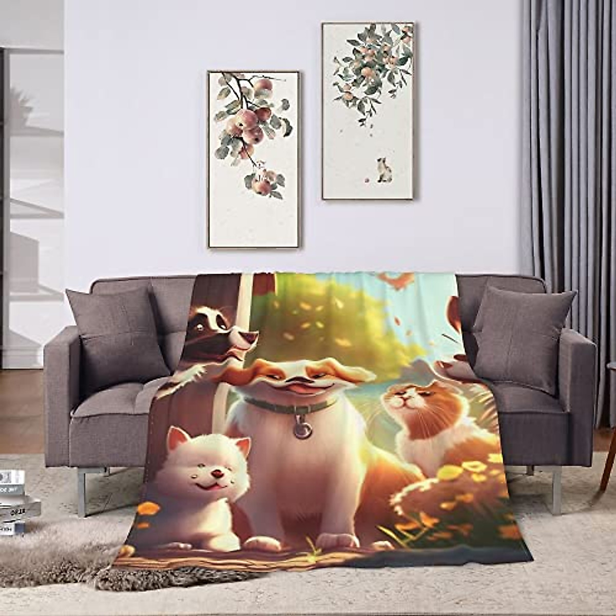 Happy Cat and Dog in The Morning Flannel Fleece Blanket - Cute Cartoon Pet Pattern, Soft and Comfortable, Suitable for Sofa and Bed, Easy to Clean, 40"x50"