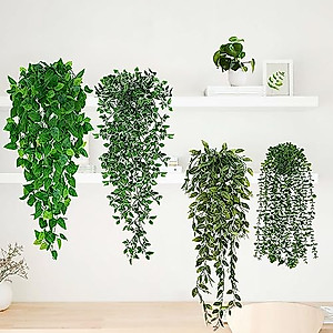 Waipfaru Fake Hanging Plant with Pot, 4Pcs Artificial Hanging Plants with Fake Ivy Vines, Faux Potted Greenery Faux Eucalyptus Pothos Mandala Pea Pods for Home Room Wall Shelf Indoor Outdoor Decor