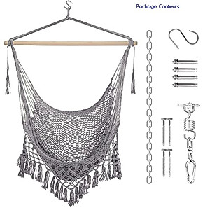 Hammock Hanging Rope Swing Macrame Chair Extra Long Stretching Bed with Max Capacity of 330 Lbs with Complete 360° Rotation Spring Hardware Set Indoor Outdoor Garden Yard (Grey)