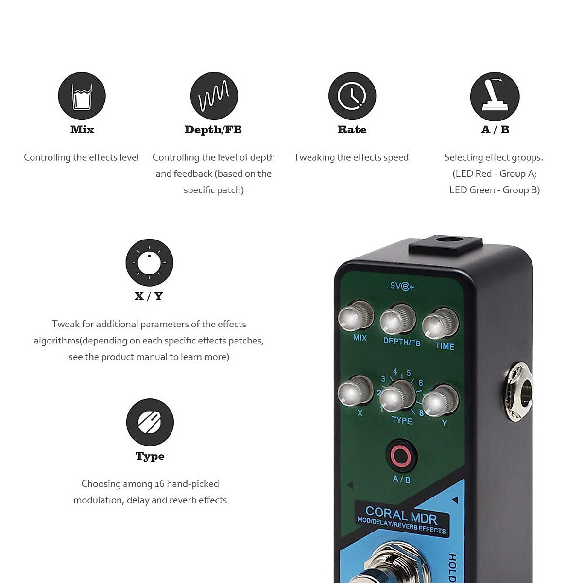 Valeton Coral MDR Digital Chorus Modulation Delay Reverb Multi Effects Guitar Pedal