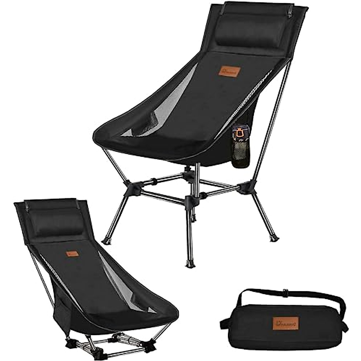 DRAXDOG Camping Chair, 2 Way Compact Backpacking Chair, Portable Folding Chair, Beach Chair with Side Pocket, Lightweight Hiking Chair 001 (Black)