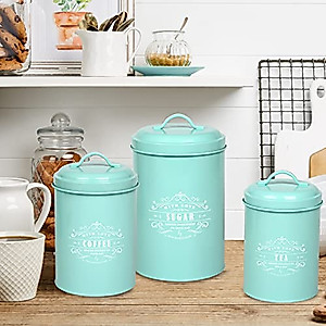 Baie Maison Large Turquoise Farmhouse Canister Sets for Kitchen Counter Airtight - Set of 3 Rustic Coffee, Sugar Tea Storage Containers - Teal Decor Jars - Vintage Kitchen Canisters Set for Countertop