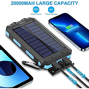 Solar Charger, 20000mAh Portable Solar Power Bank IPX5 Waterproof with Built-in Solar Panel Charger and LED Flashlight, Solar Phone Charger Battery Pack for All CellPhones.