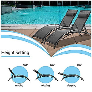 Patio Lounge Chairs Outdoor Pool Chaise Lounges Adjustable for All Weather for Beach Backyard（2-Pack Black