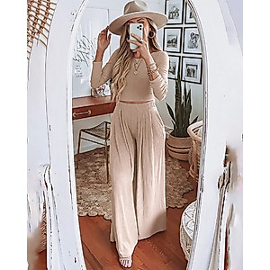 BTFBM Women's Two Piece Lounge Set Long Sleeve Bodycon Ribbed Knit Crop Top Loose Wide Leg Pant Casual Outfits Sweatsuit(Solid Apricot, Medium)