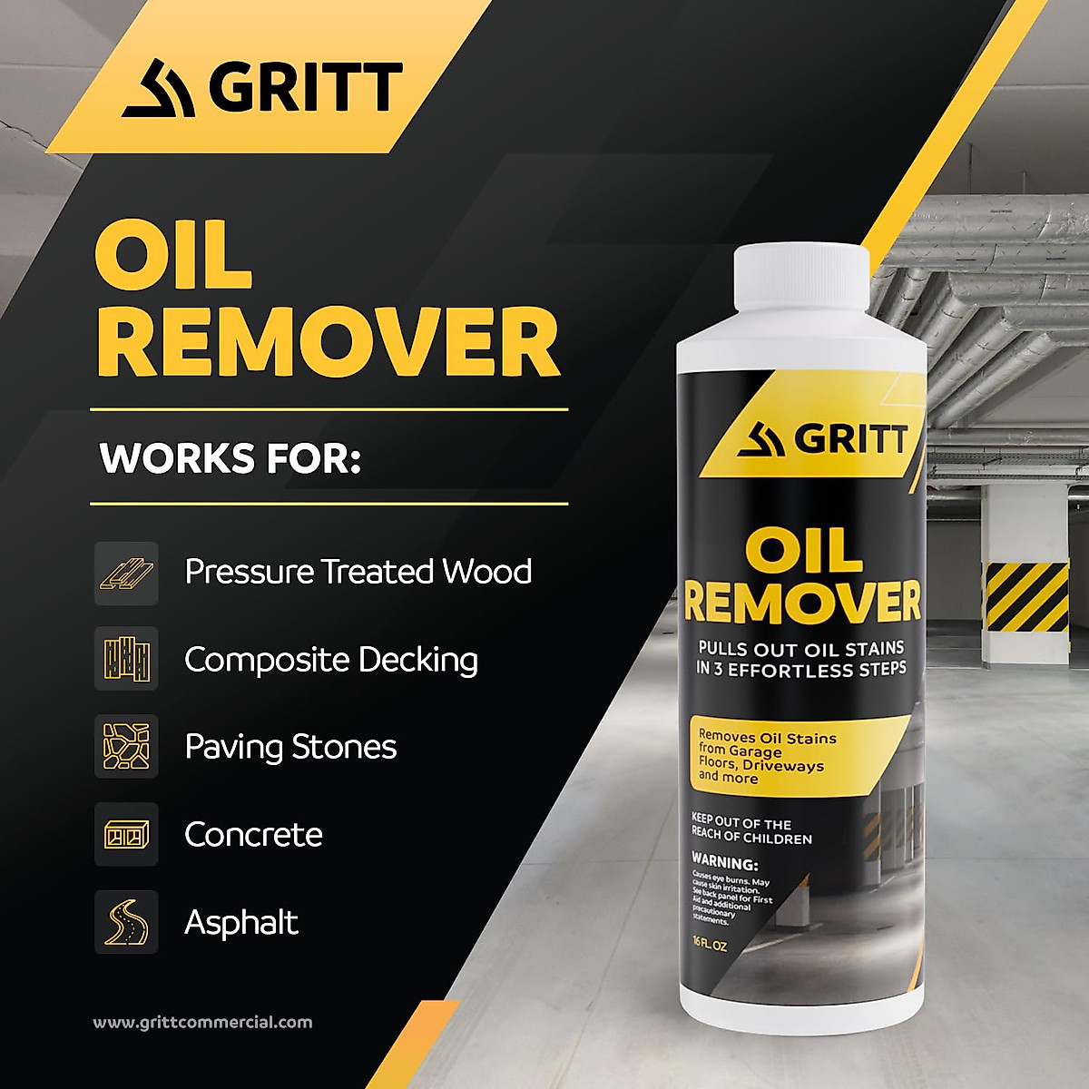 GRITT COMMERCIAL Concrete Oil Stain Remover | All Purpose Concentrated Cleaner for Oil, Grease, and Rust | Removes Stains from Concrete and Asphalt Driveways, Garages, and Patios 16oz