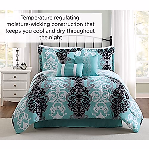 Carmela Home – Comforter Set, Downton, Full/Queen, 7-Piece Set Includes 1 Comforter, 1 Sham, 4 Pillows, & 1 Bed Skirt, 100% Polyester, Reversible & Lightweight, Contemporary Turquoise, Aqua