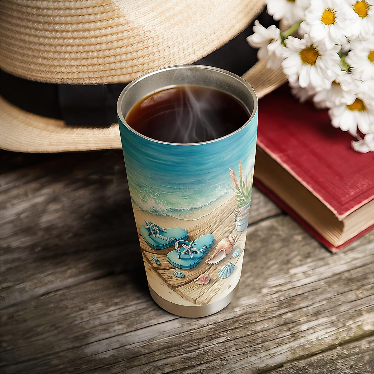 20oz Flip Flop Tumbler, Summer Sea, Ocean, Beach Gifts, Coffee Thermos for Women, Stainless Steel Double Wall Vacuum Insulated Coffee Mug, Travel Cup with Lid