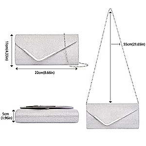 Larcenciel Silver Clutch Purses for Women, Shiny Sequin Envelope Clutch Evening Bag w/Chain, Fashion Shoulder Crossbody Handbags, Sparkly Party Prom Purse Bride Wedding Guest Clutch Dress Carry on Bag