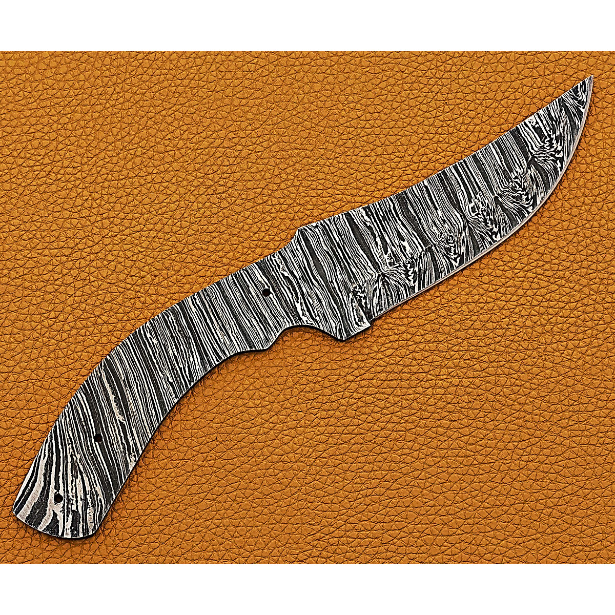 9.25 inches long trailing point blank blade skinning knife, hand forged Ladder Pattern Damascus steel blade, 4.5" scale with 3 Pin hole, 4.25" trailing point blade with 4" cutting edge