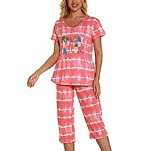 Lu's Chic Women's Cute Pajama Set Cotton Capri Loungewear Soft Short Sleeve Pjs Comfy Pants Lounge Two Piece Patterned Print Sleepwear Orange Large