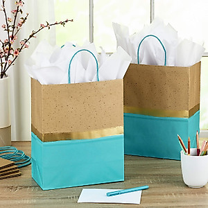 Hallmark 13" Large Paper Gift Bags (6 Bags: Turquoise & Kraft with Gold) for Birthdays, Easter, Weddings, Mother's Day, Baby Showers, Bridal Showers or Any Occasion