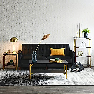 Household Essentials Crown Rectangular Coffee Table with Storage Shelf Black Oak Wood Grain and Gold Metal